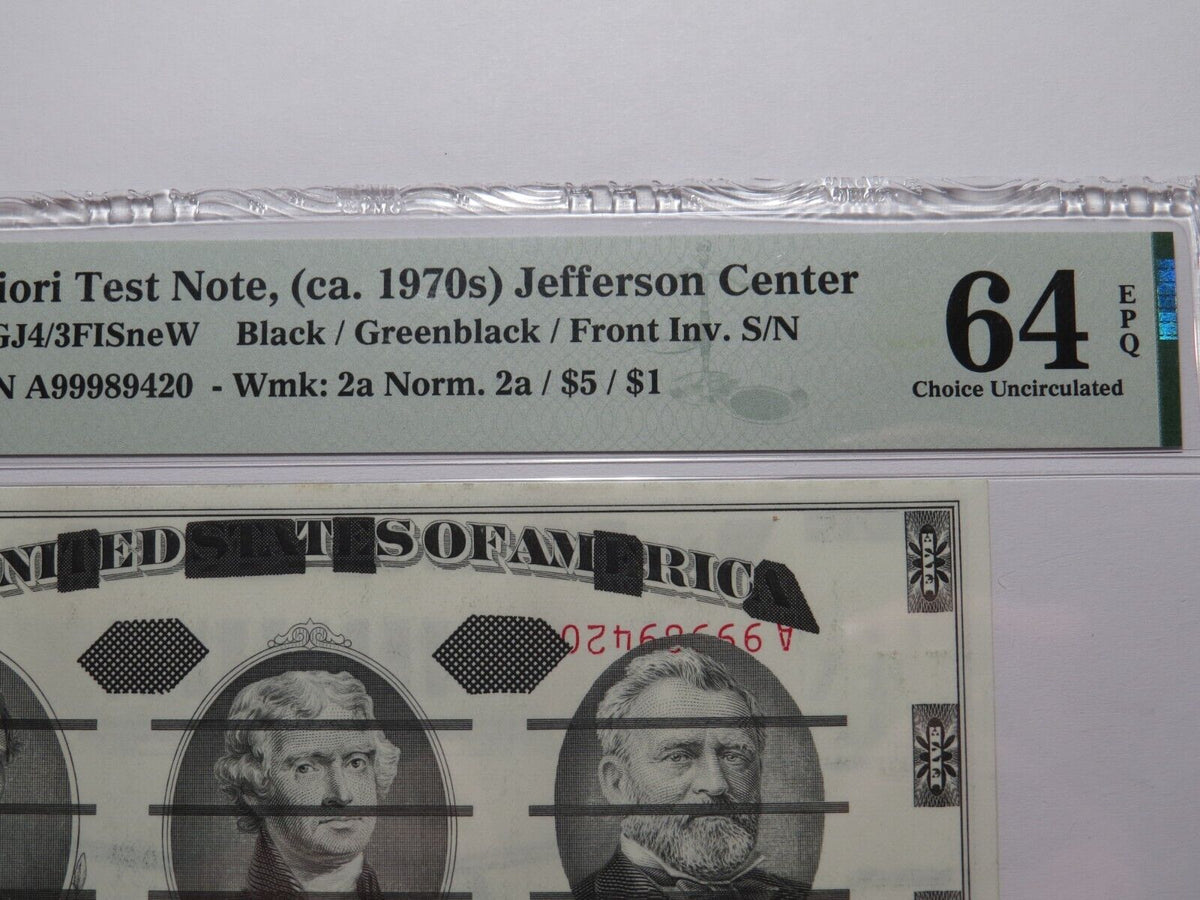 1970's Giori Test Note Jefferson Center Currency Bank Note Bill PMG Ch ...